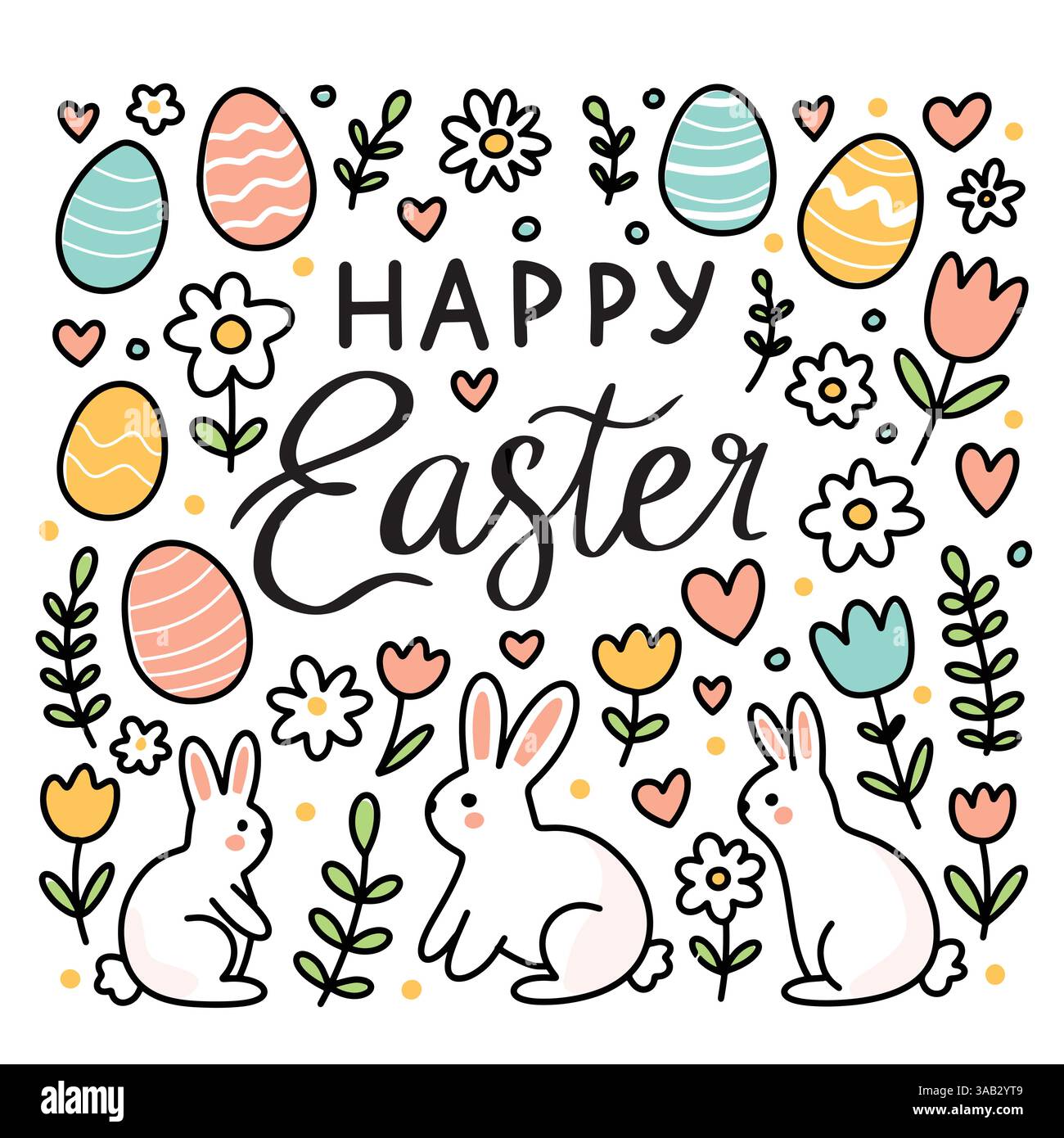 Happy Easter cute greeting card with text lettering and simple doodles ...