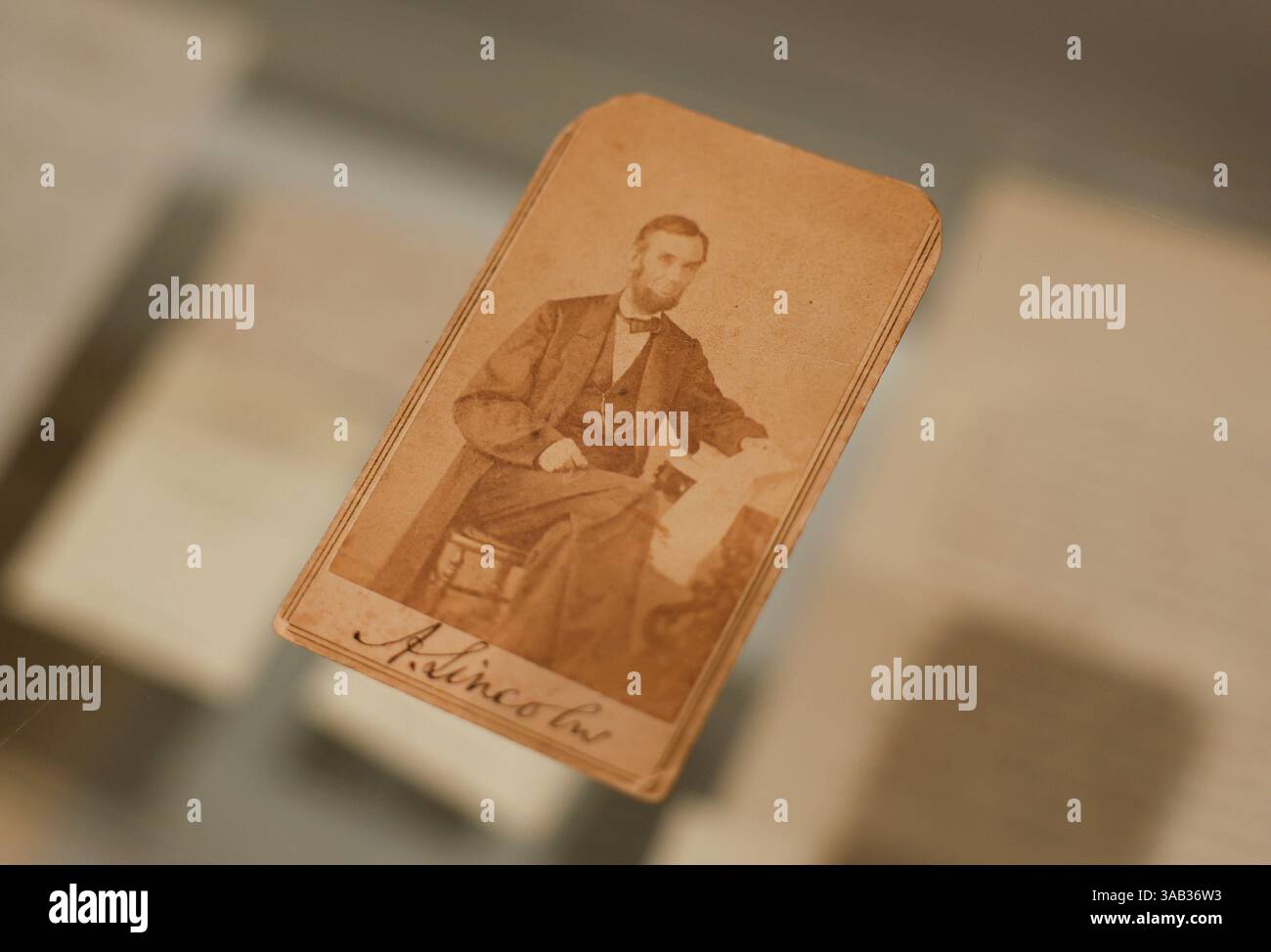 A photograph signed A Lincoln is on display at a press preview of ...