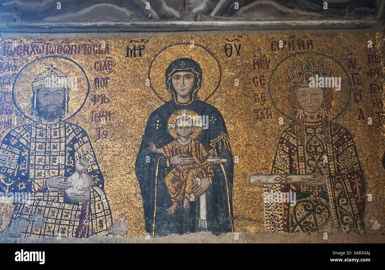 The Comnenus mosaics in the Hagia Sophia Cathedral (now a museum) in Istanbul, Turkey, depict ...