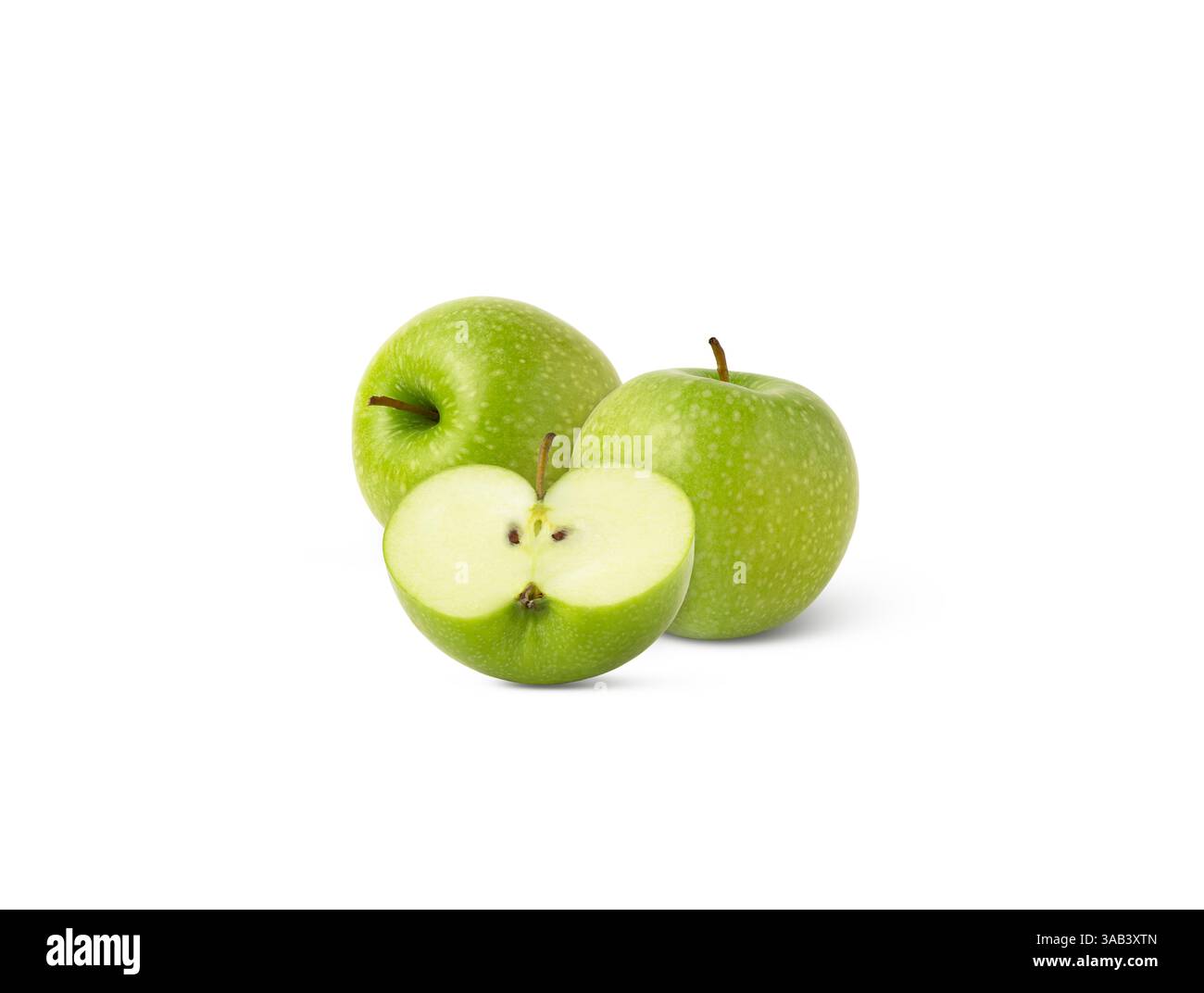 Green fresh apple fruit isolated with cut in a half. Whole apples and a ...