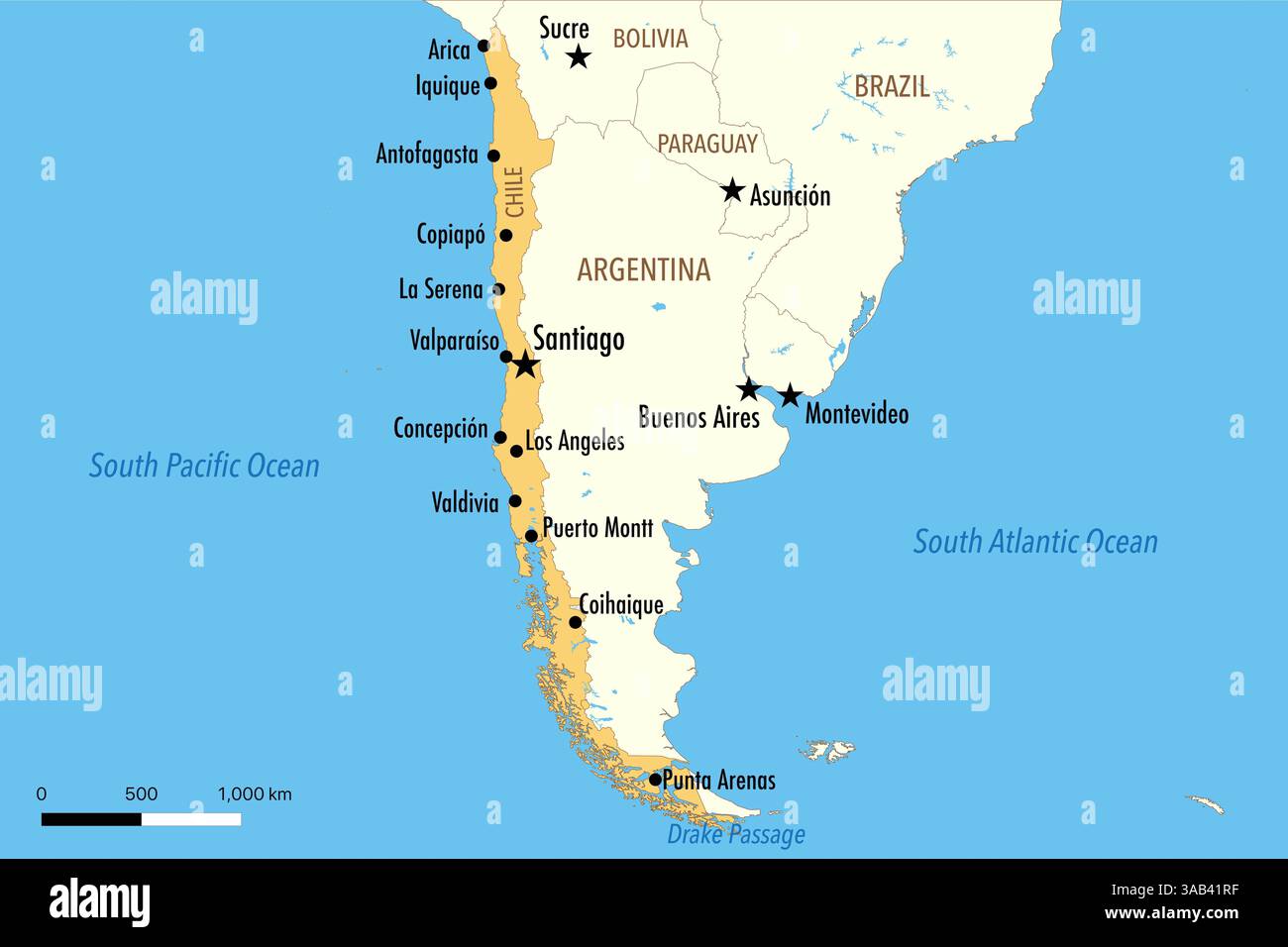 Map of Chile with Major Cities and Neighboring Countries Stock Photo - Alamy