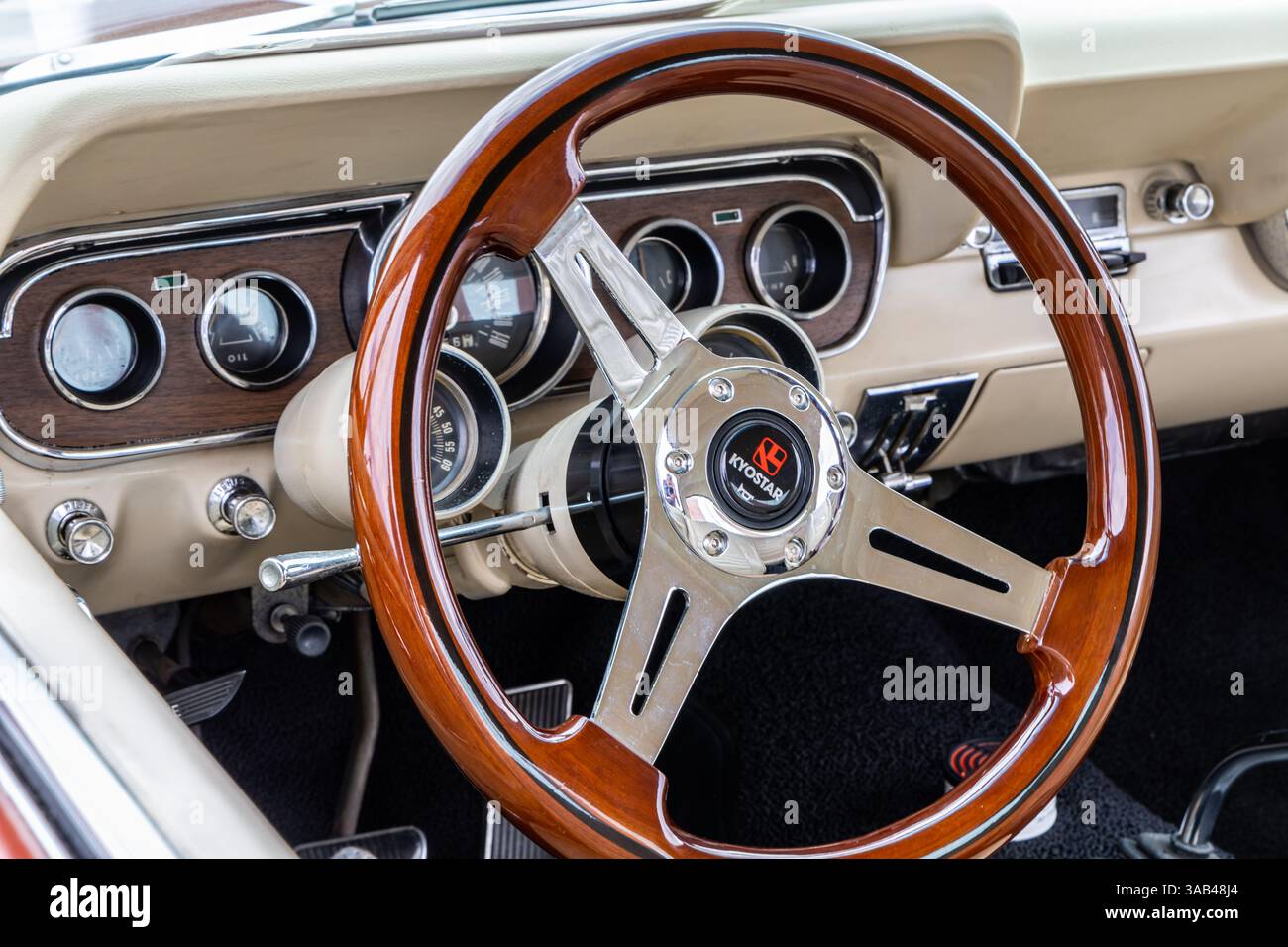 Llandow, Wales - June 30, 2024: Interior dashboard of 1970s Brown with ...