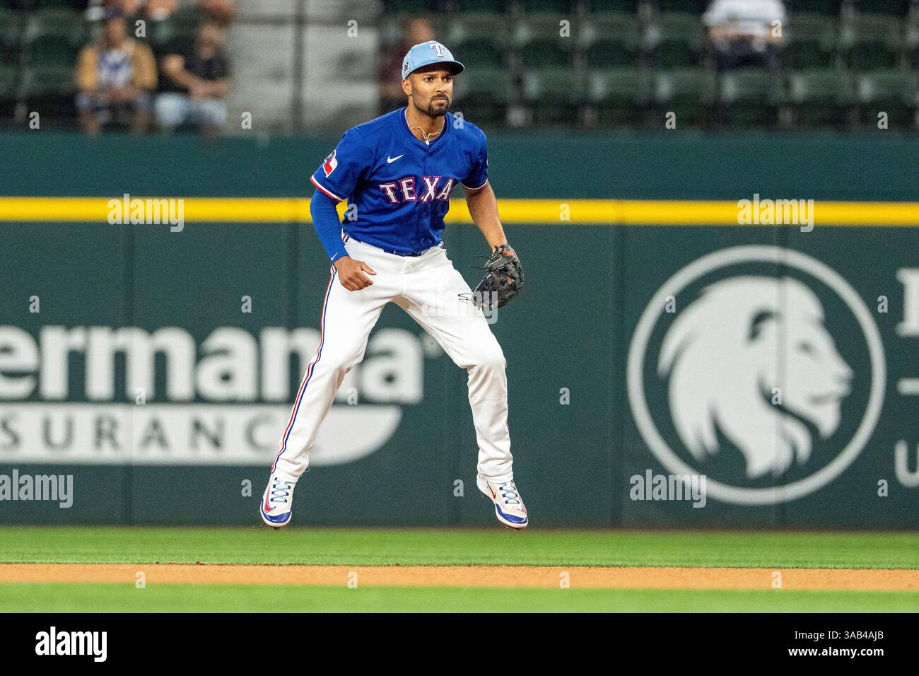 Texas Rangers second base Marcus Semien gets ready for the play during ...