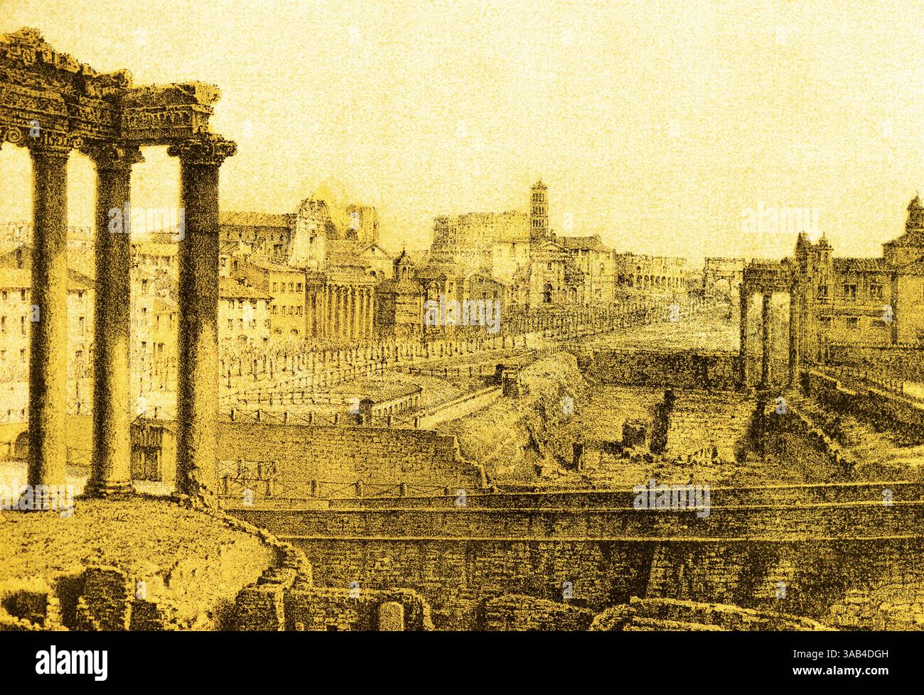 View of ancient Rome from the Roman Forum, ruins, cityscape, columns ...
