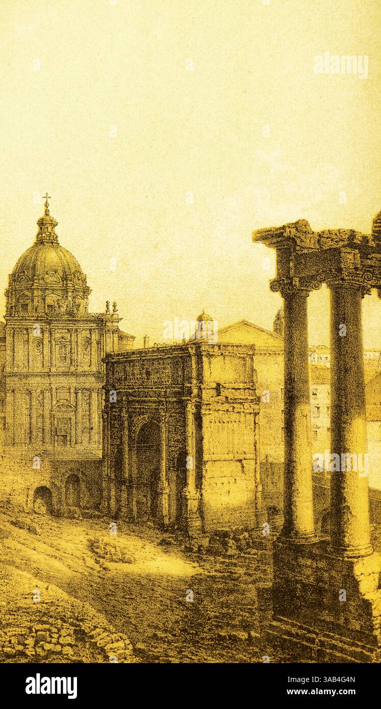 View of ancient Rome from the Roman Forum, ruins, cityscape, columns ...