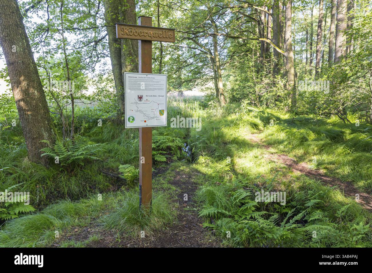 Signpost at the Roeder spring in the forest near Roederbrunn, Rammenau ...