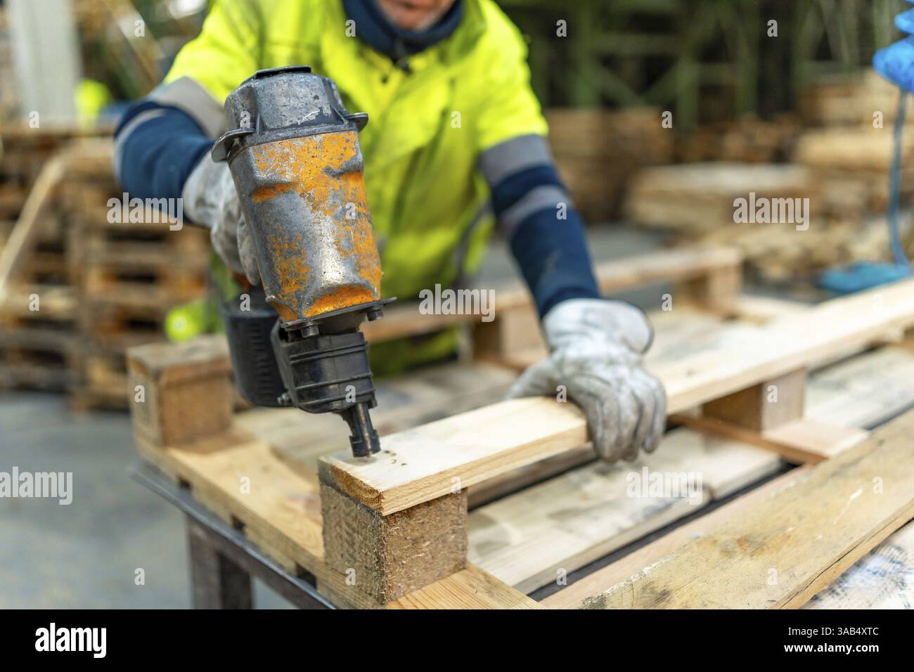 Close-up of man repairing a pallet using compressed air gun in a ...