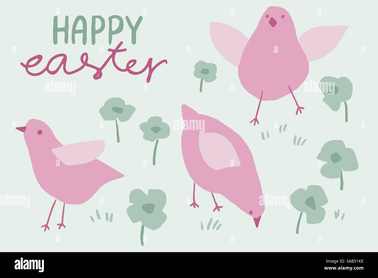 Happy Easter card with chicks and flowers in green and pink palette ...