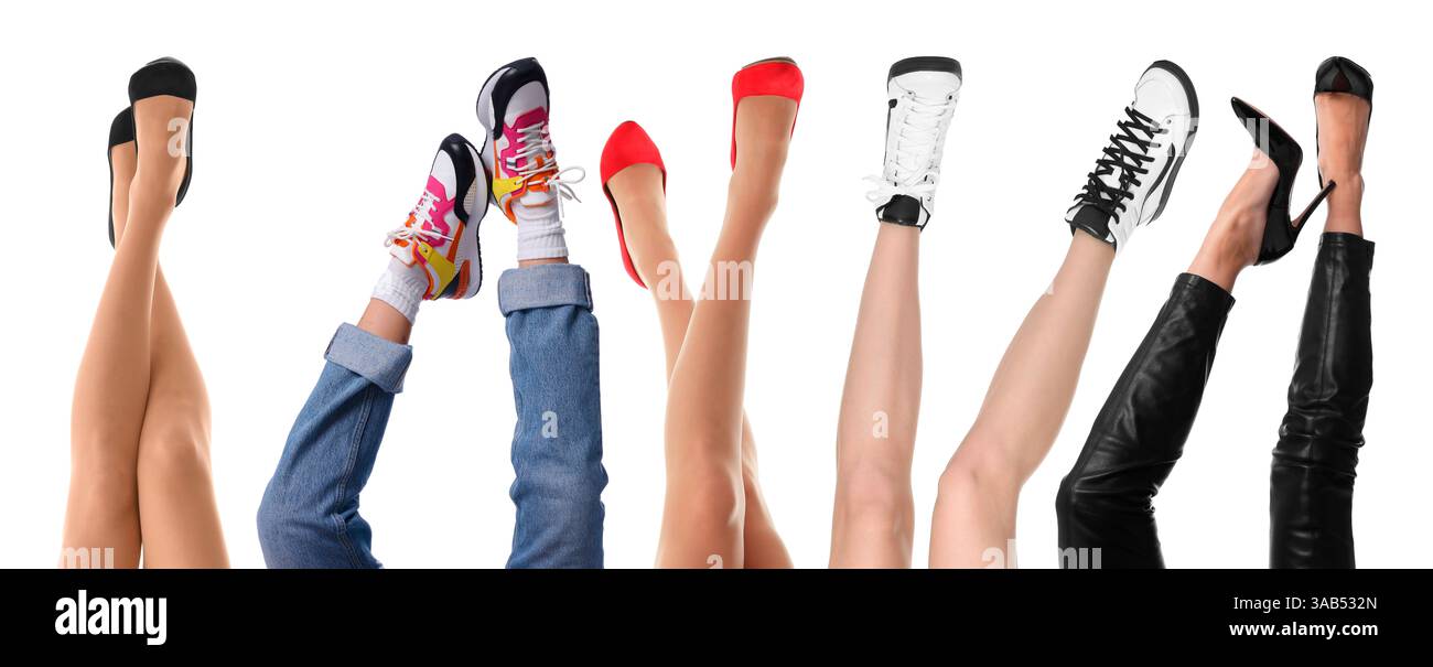 Women showing different shoes on white background, closeup. Collage of ...