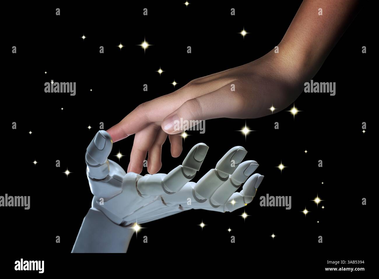 Artificial intelligence. Woman and robot reaching for each other with ...
