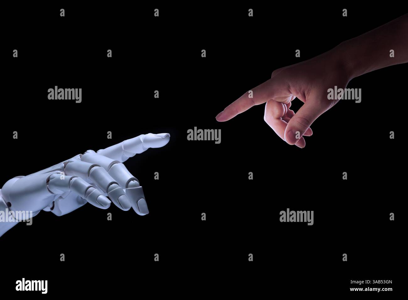 Artificial intelligence. Man and robot reaching for each other with ...