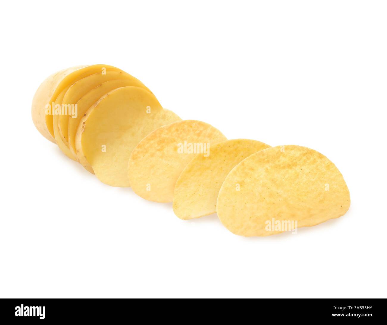 Raw potato slices transforming into crispy chips on white background ...