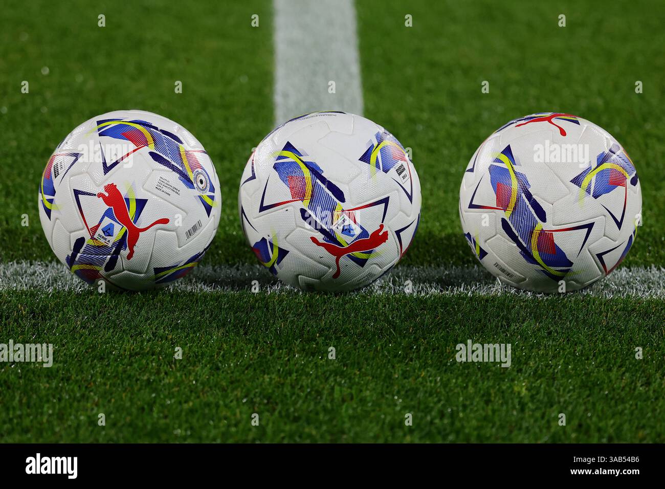 Official Puma Serie A Balls are seen on the pitch prior to the Serie A ...
