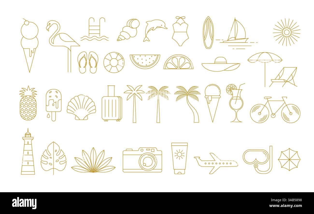 Summer elements, linear minimalist icons. Linear simple, modern style ...