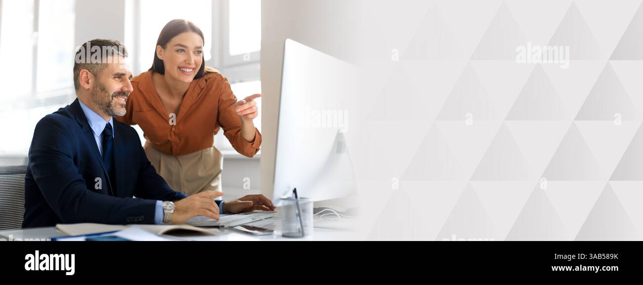 Happy coworkers management team lady and man looking at computer screen ...