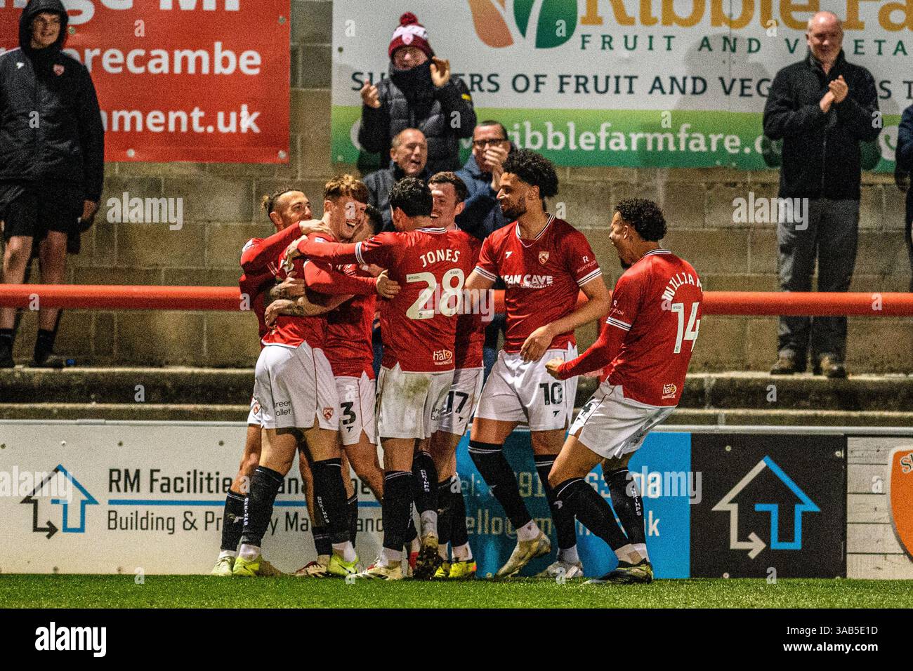Morecambe on Tuesday 1st April 2025. Morecambe FC's Ged Garner scores ...
