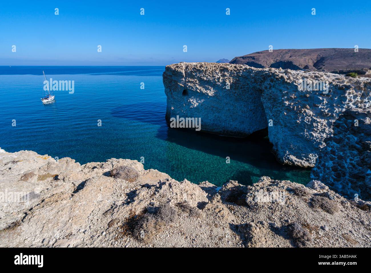 Papafragas Caves in Milos, Greece, carved by ancient volcanoes, a ...