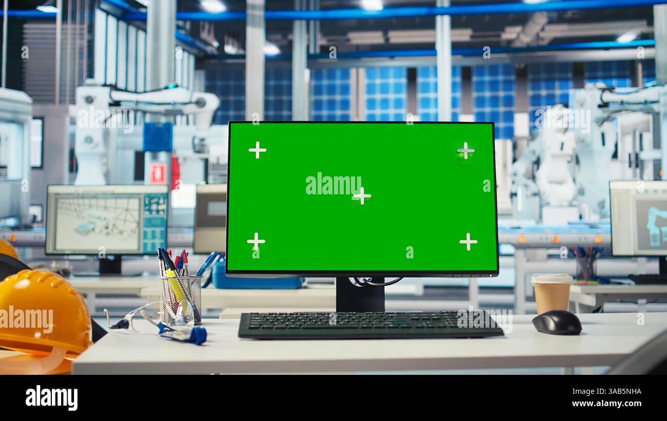 Chroma key PC in empty solar panel manufacturing plant used for ...