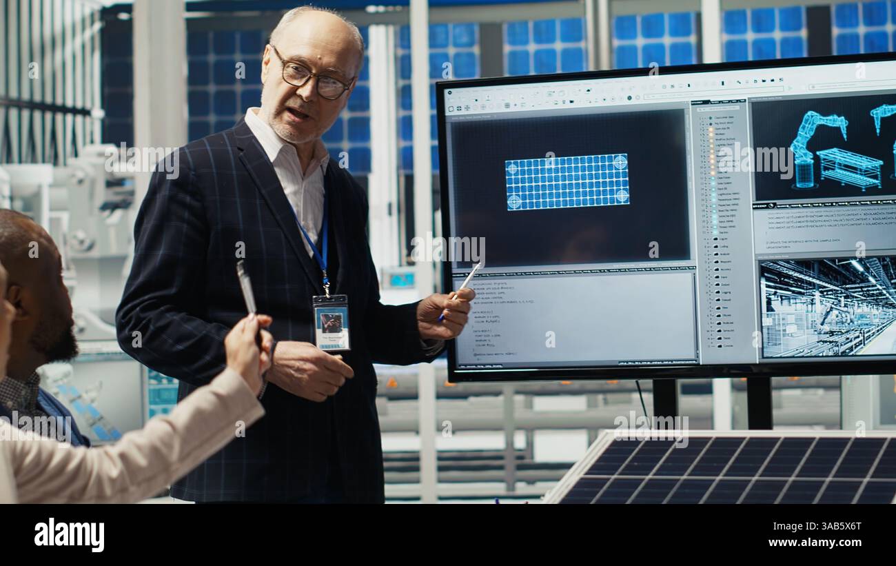Management executives and investors in photovoltaics plant analyzing ...