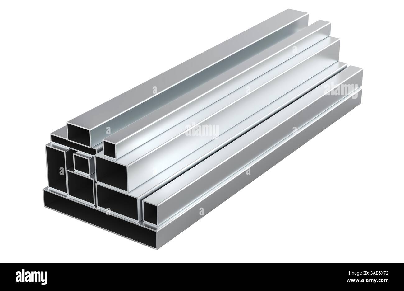 Rolled metal, square pipes, different size. Steel Square Hollow Section Pipe. 3D rendering ...