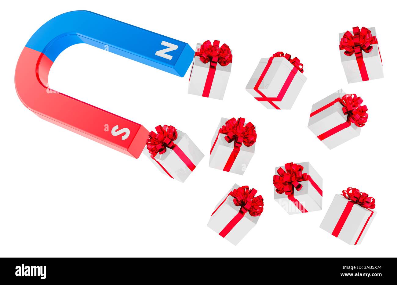 Magnet attracting gift boxes, prizes. 3D rendering isolated on white ...