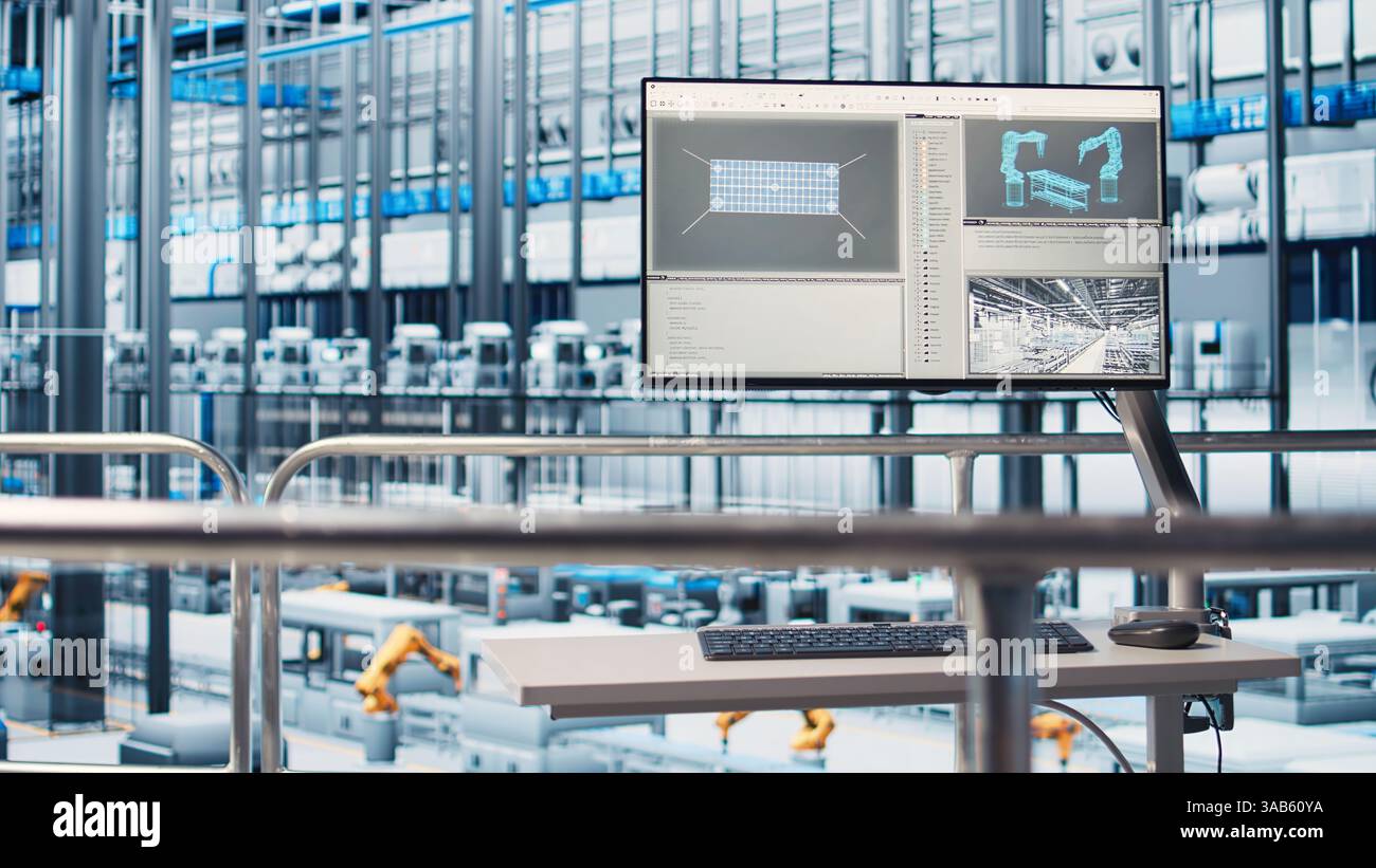 Monitor in smart photovoltaics factory displaying real time system performance metrics. Display ...