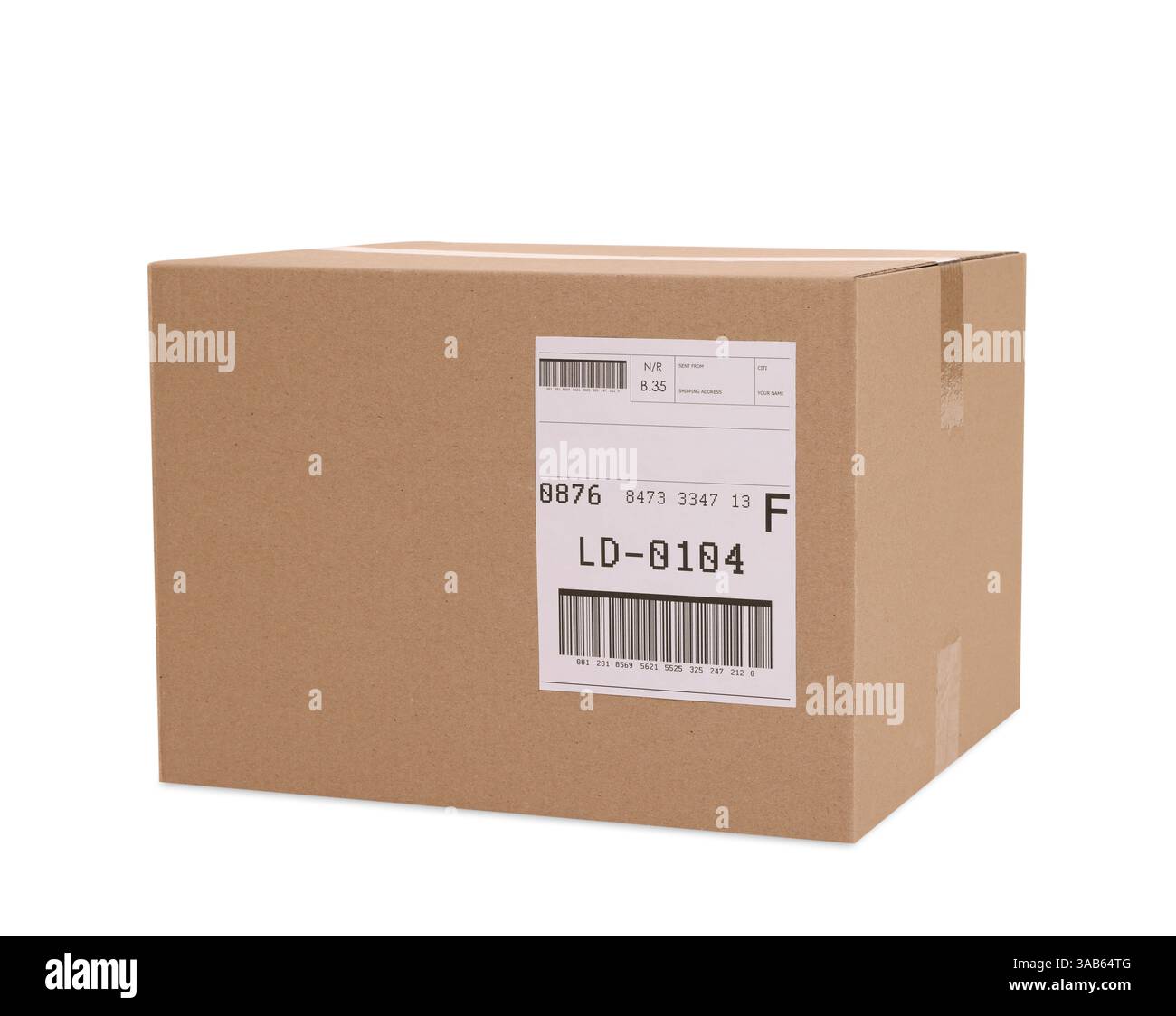 One parcel with shipment label isolated on white Stock Photo - Alamy