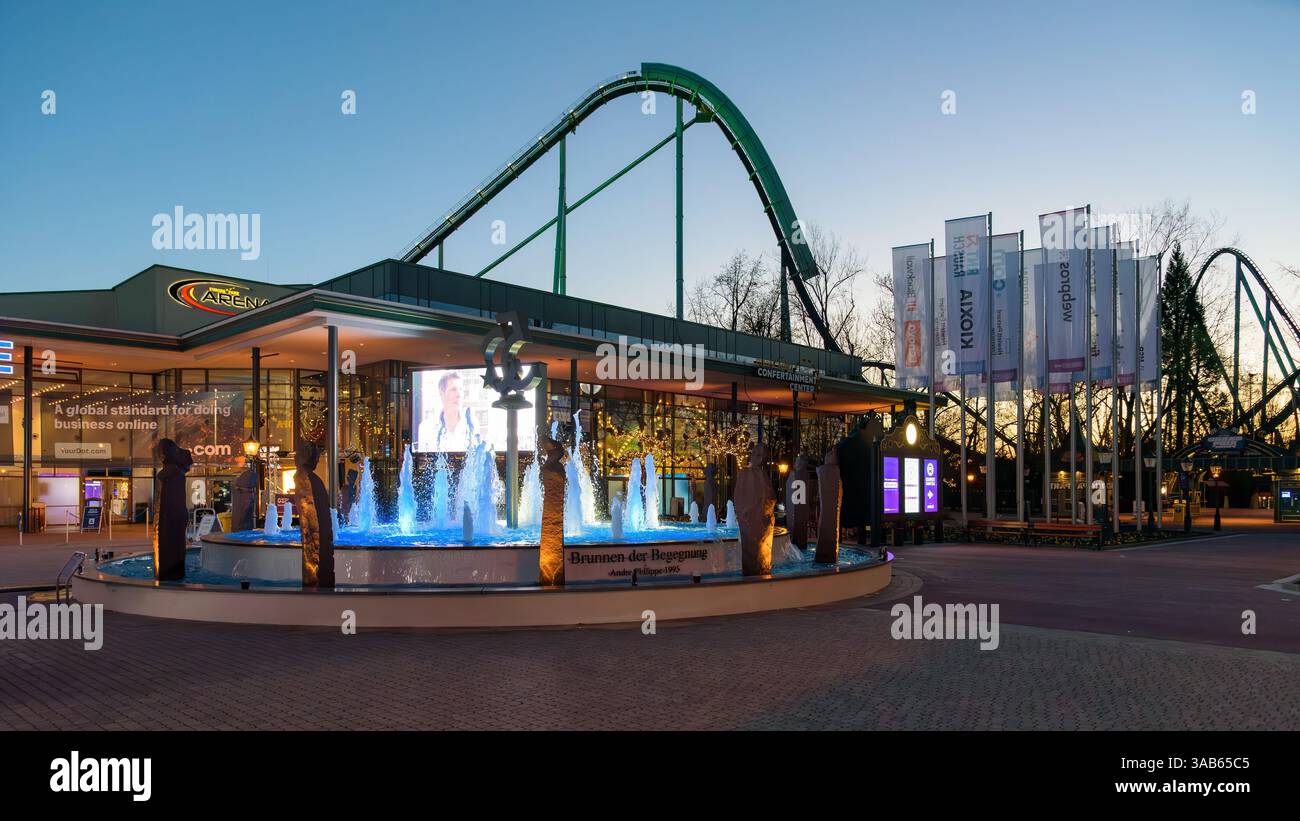 Rust, Germany - March 19, 2025: Illuminated Brunnen der Begegnung ...