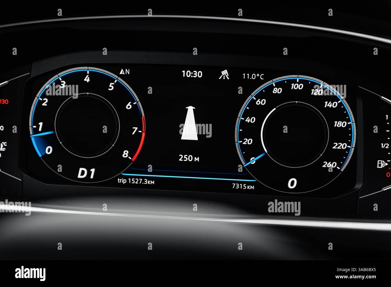 Car digital dashboard with big navigation arrow in the middle. White ...