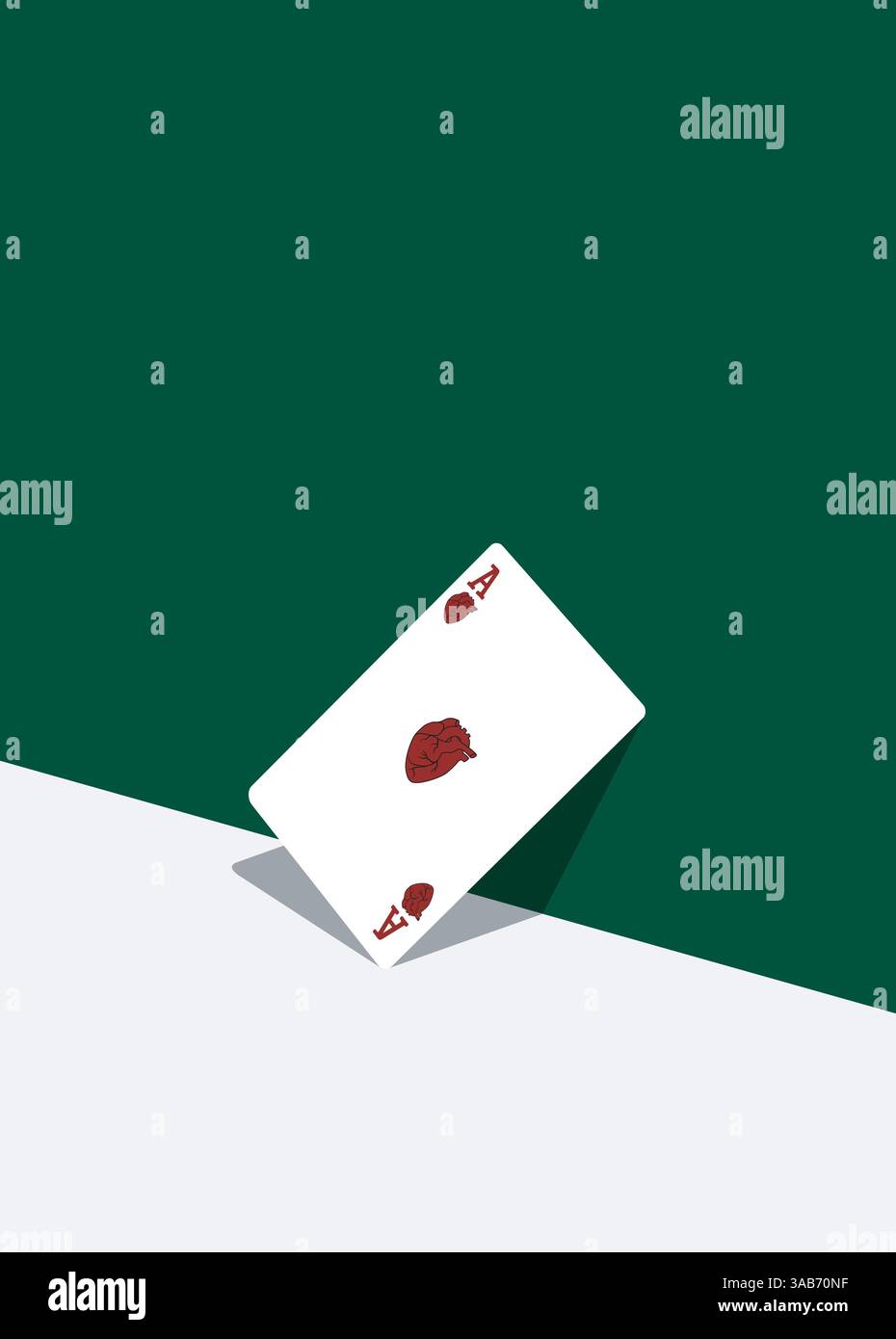 Ace playing card with real human heart on green and white background ...