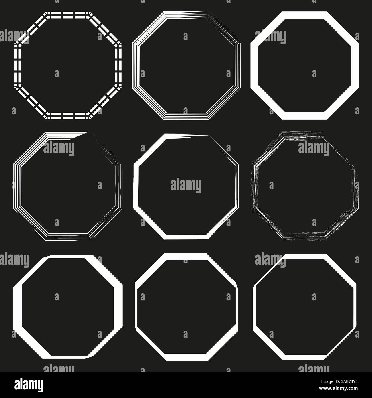 Octagon frame set. White line collection. Vector geometric border. Black background contrast ...