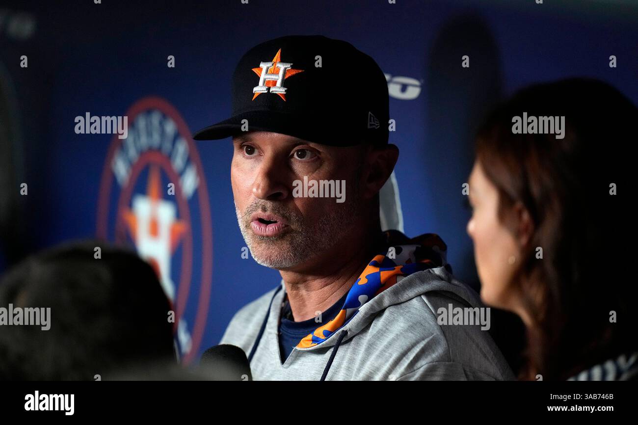 Houston Astros manager Joe Espada speaks to the media during batting ...