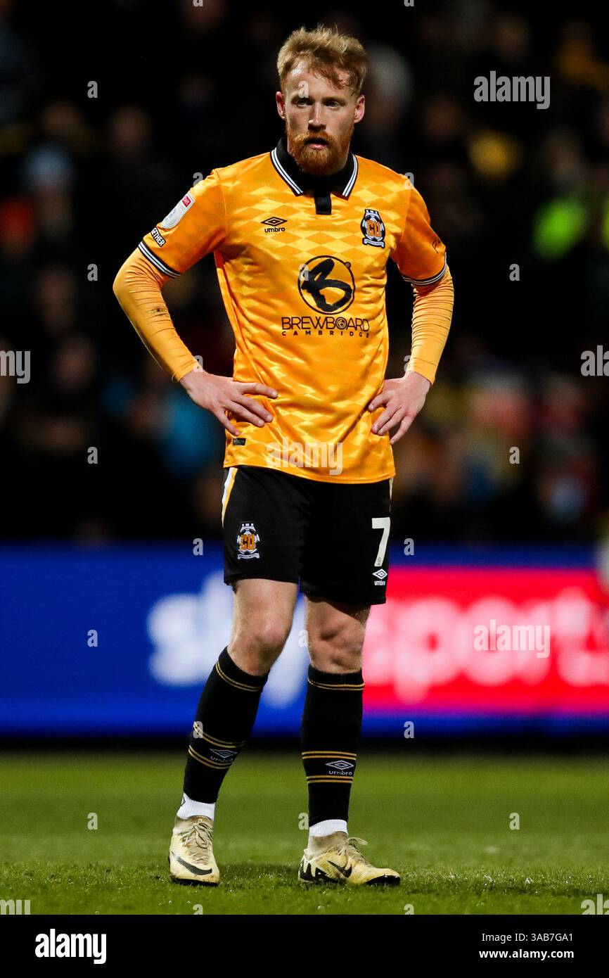 Cambridge, UK. 01st Apr, 2025. James Brophy of Cambridge United reacts during the Sky Bet League ...