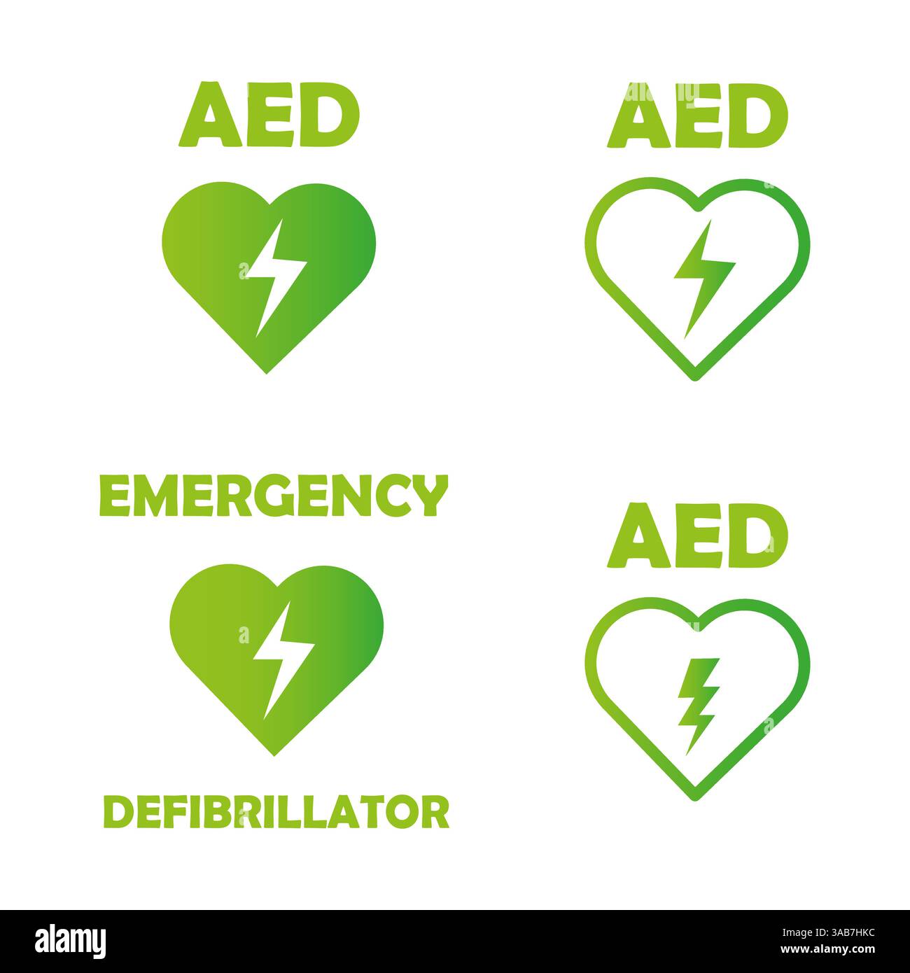 AED heart icon. Emergency defibrillator text. Green medical Vector ...