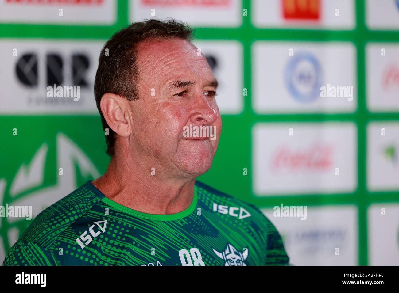 Canberra, Australia. 02nd Apr, 2025. Coach Ricky Stuart speaks to the ...