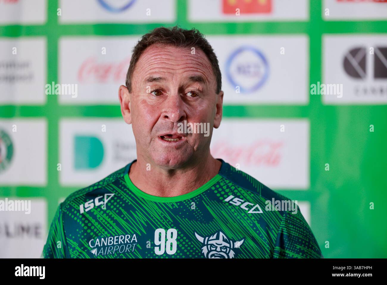 Canberra, Australia. 02nd Apr, 2025. Coach Ricky Stuart speaks to the ...