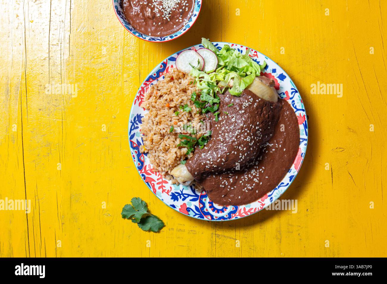 Delicious mole poblano chicken with rice on yellow background Stock ...