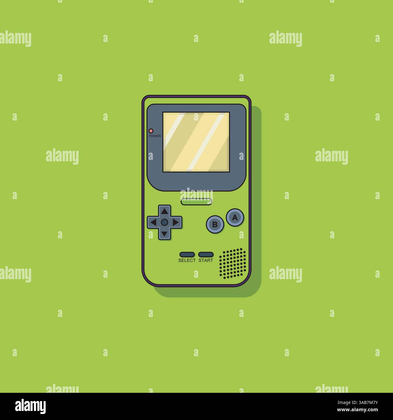 Green handheld portable retro game console on green background. Vector ...