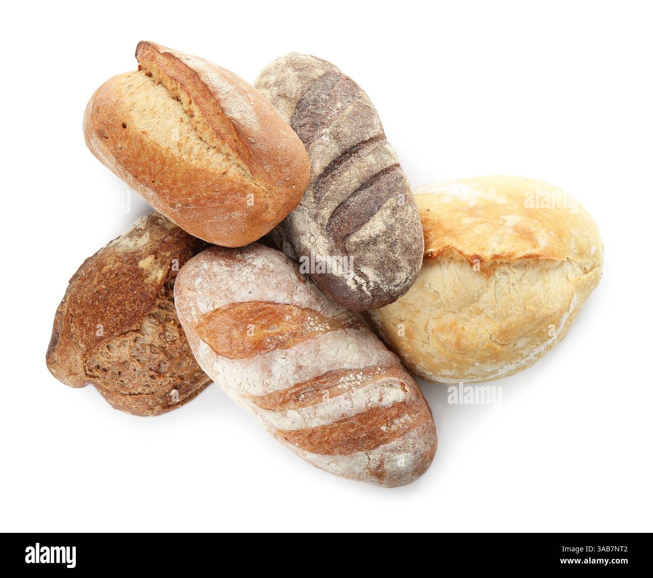 Different loaves of freshly baked bread isolated on white, top view ...