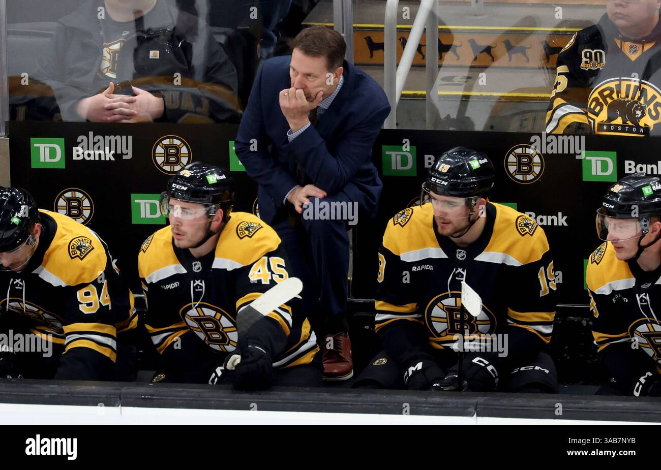 Boston Bruins interim head coach Joe Sacco watches from the bench ...