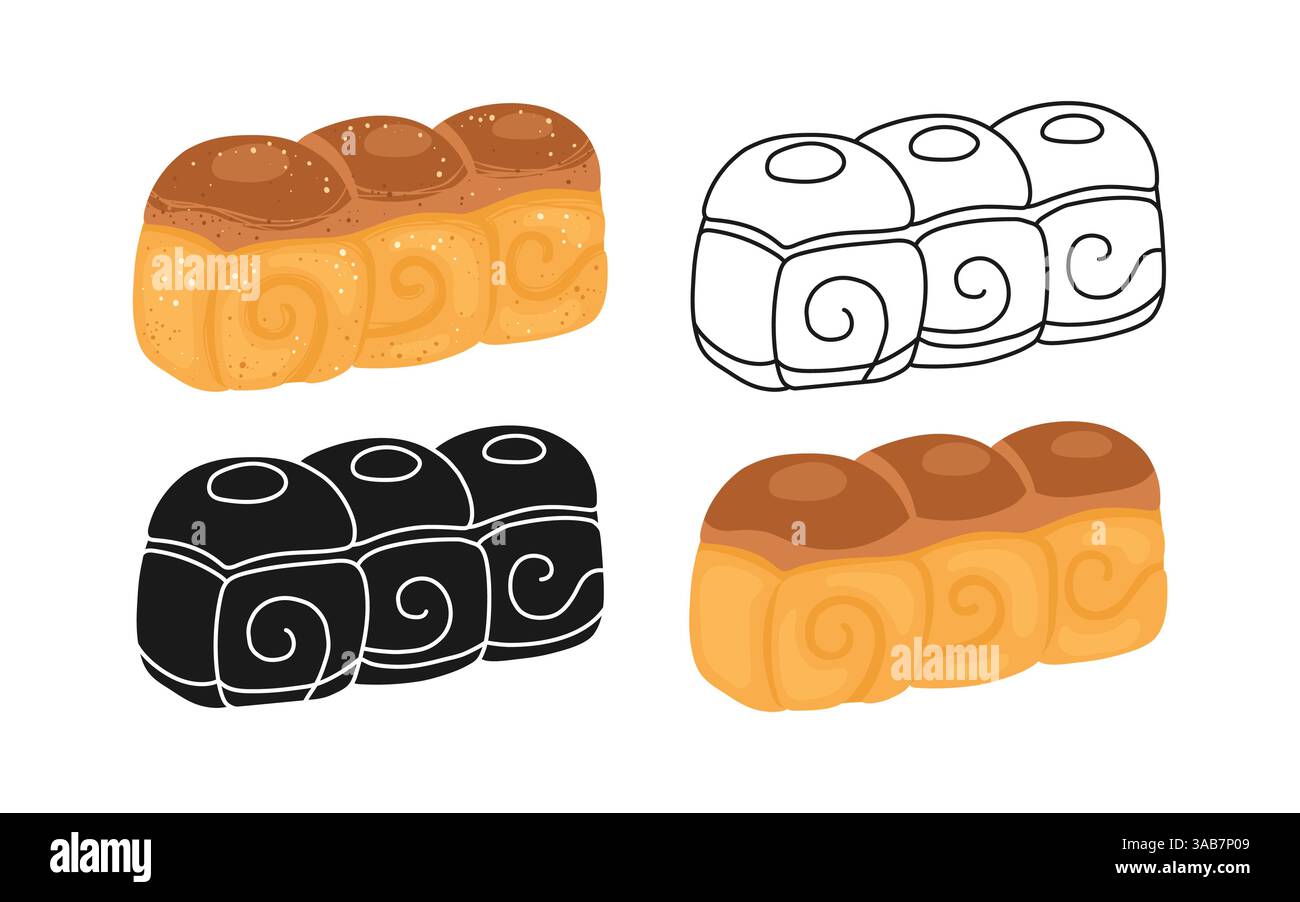 Bun icon baked pastry. Hand drawn wheat bun stylized different styles ...