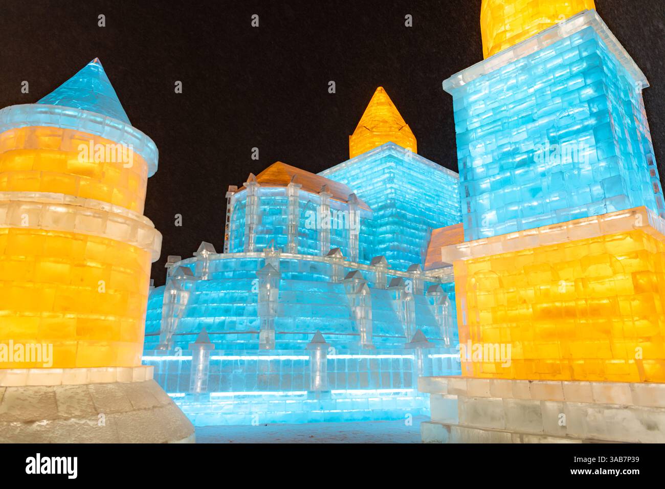 January 1, 2022, HARBIN, CHINA. Night scene in Harbin International Ice ...