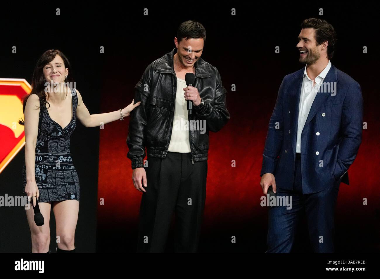 Rachel Brosnahan, from left, Nicholas Hoult, and David Corenswet, cast members of the upcoming ...