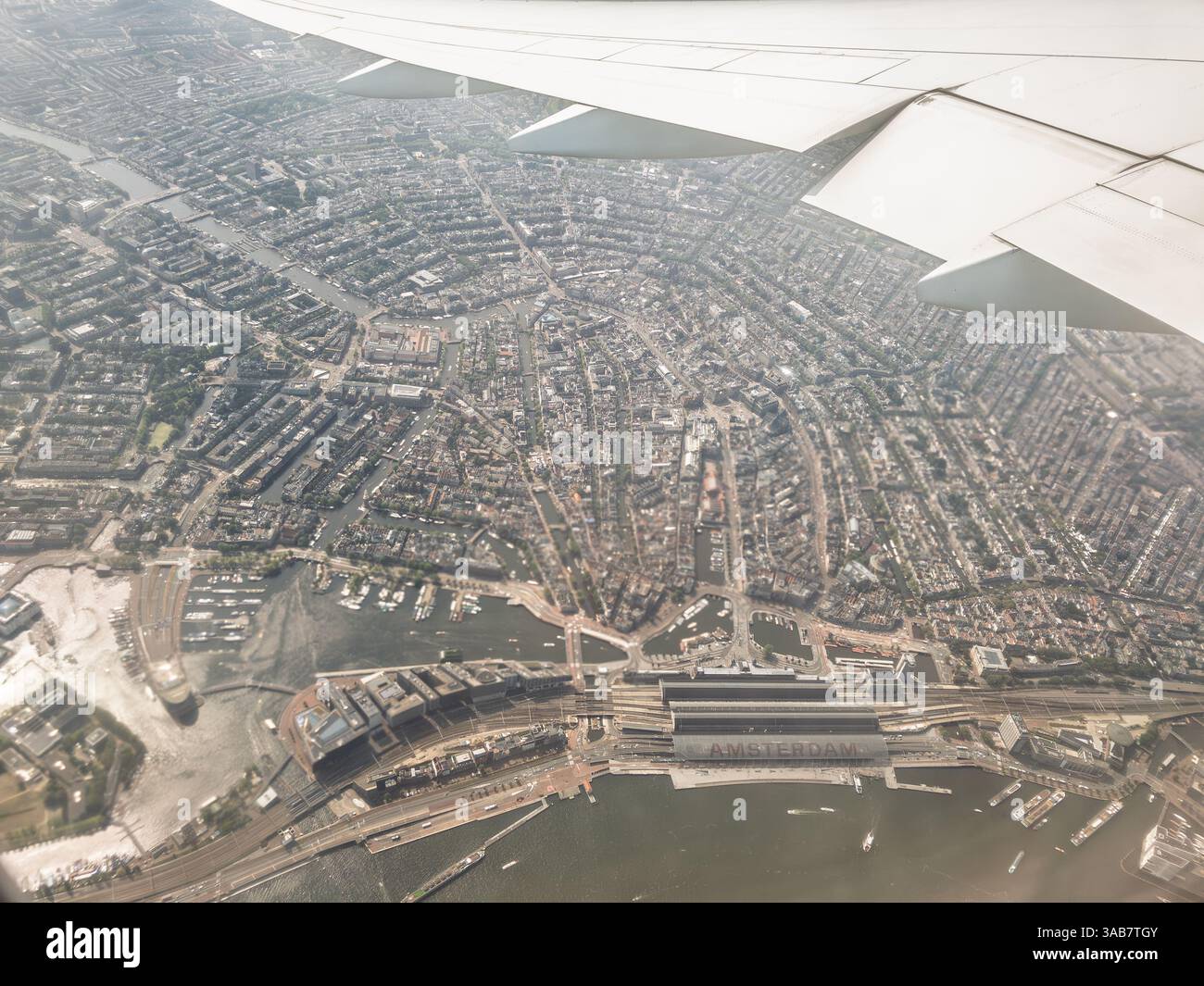 Aerial view of Amsterdam, Netherlands, from an airplane window ...