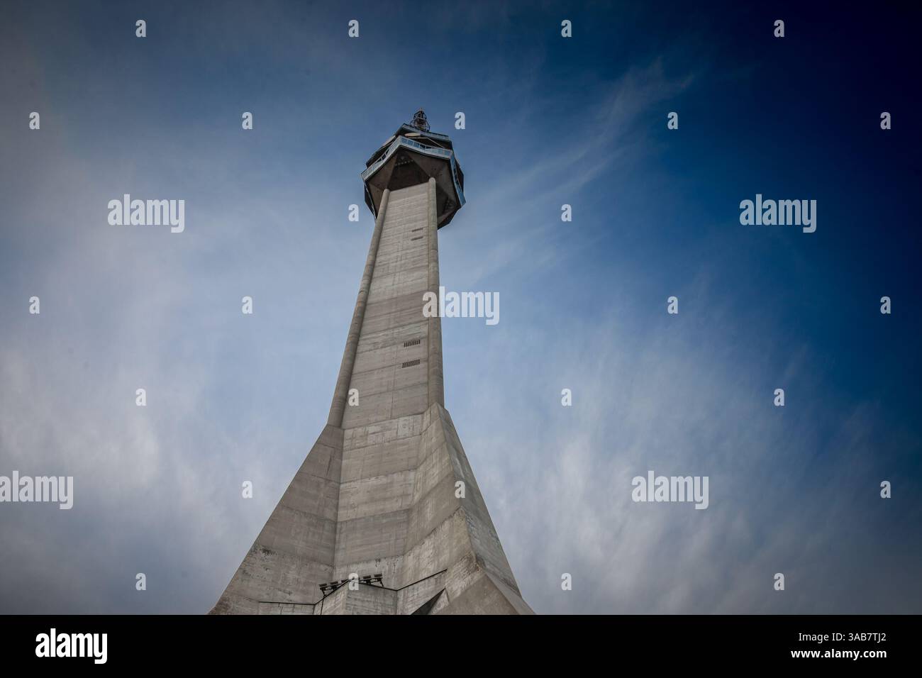 Avala Tower viewed from below, showing its distinctive modernist ...