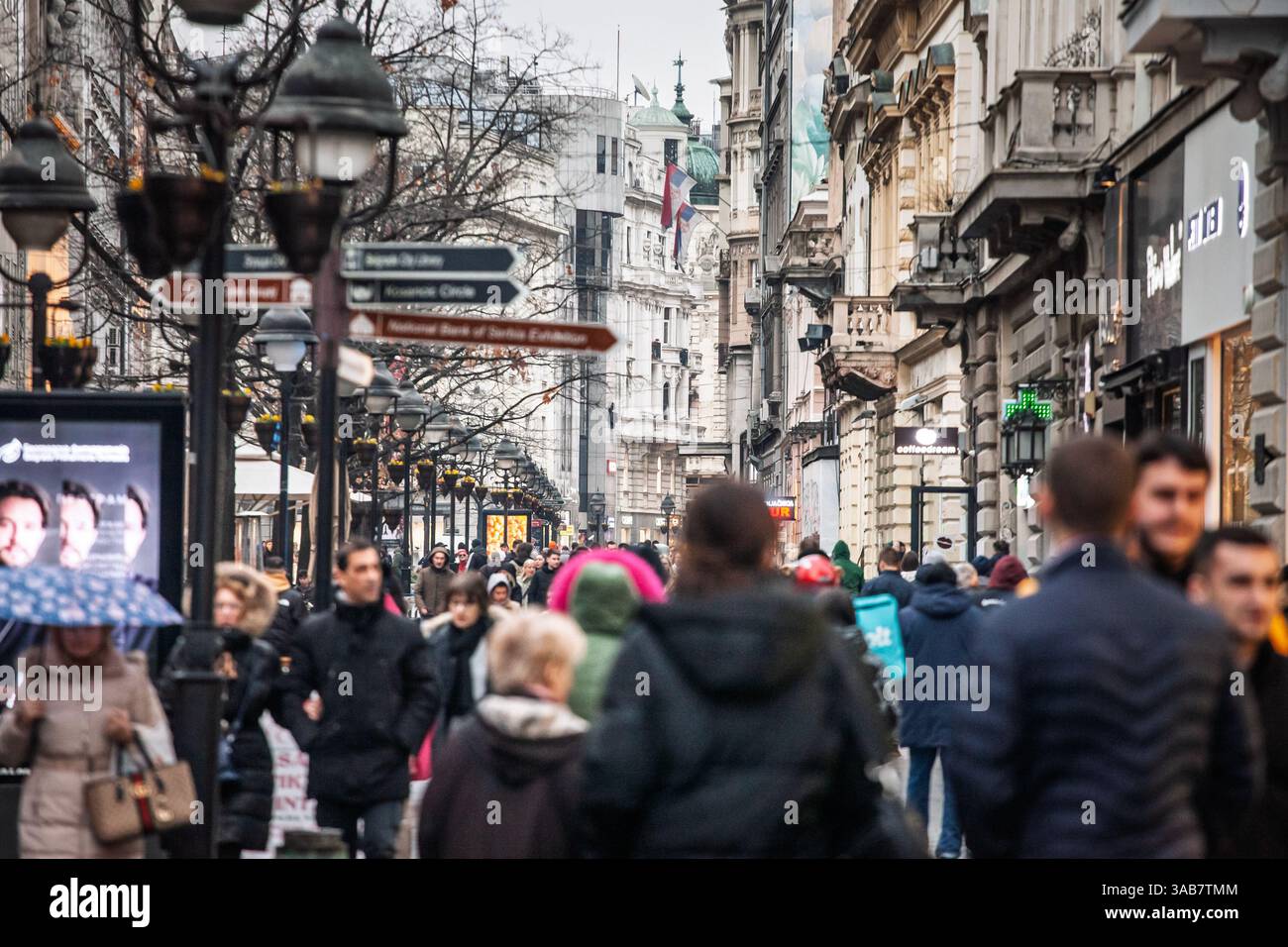 BELGRADE, SERBIA - JANUARY 16, 2025: crowd, Serbian people, on Knez ...