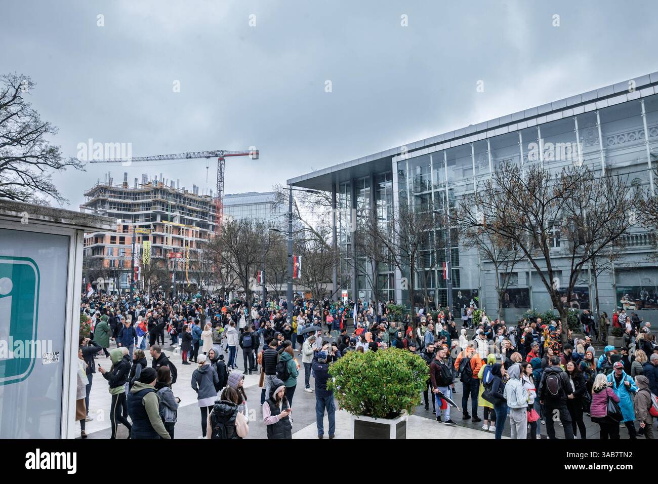 BELGRADE, SERBIA - MARCH 15, 2025: Large crowd on Kralja Milana street ...