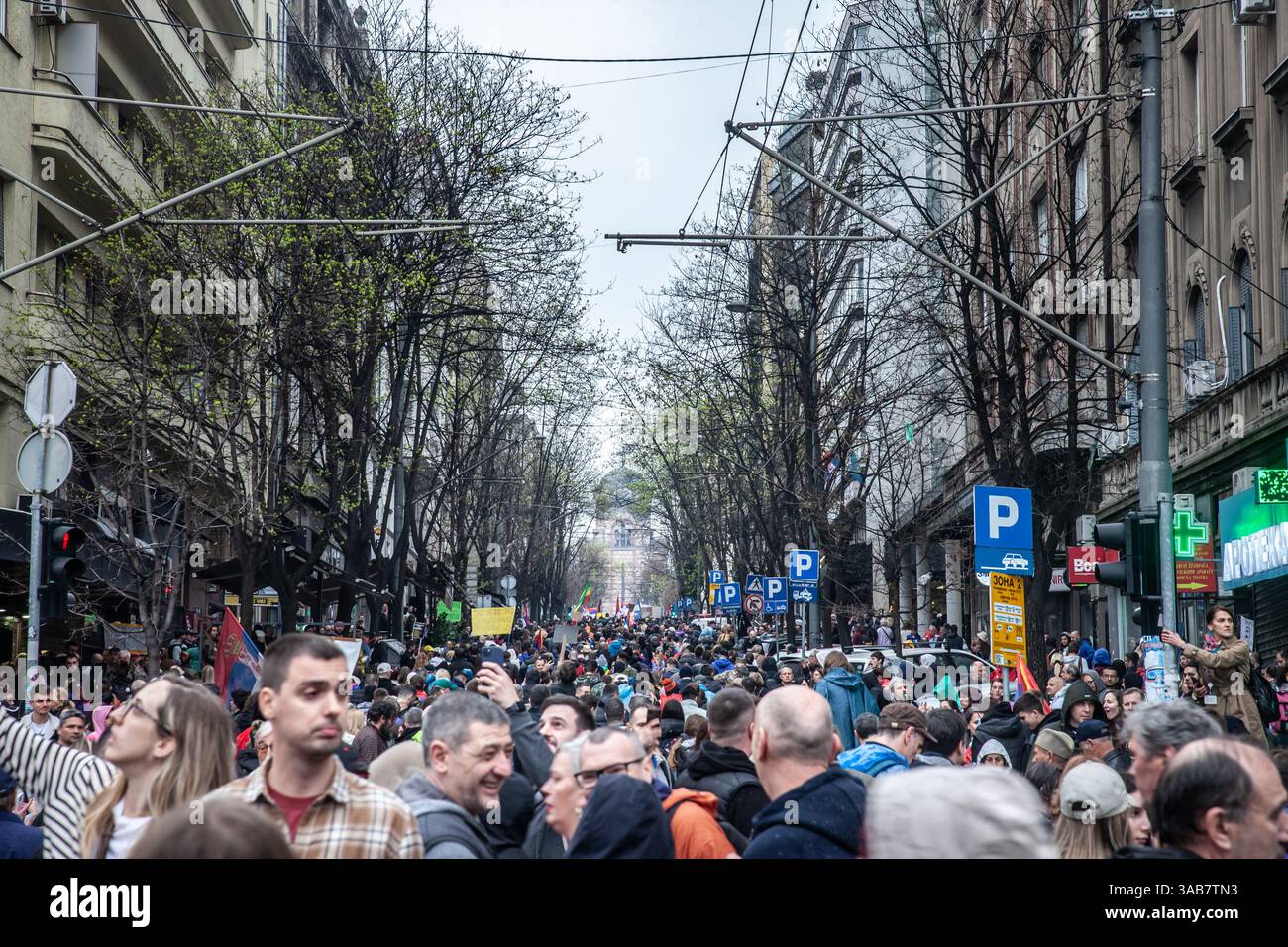 BELGRADE, SERBIA - MARCH 15, 2025: Large crowd on Resavska street on ...
