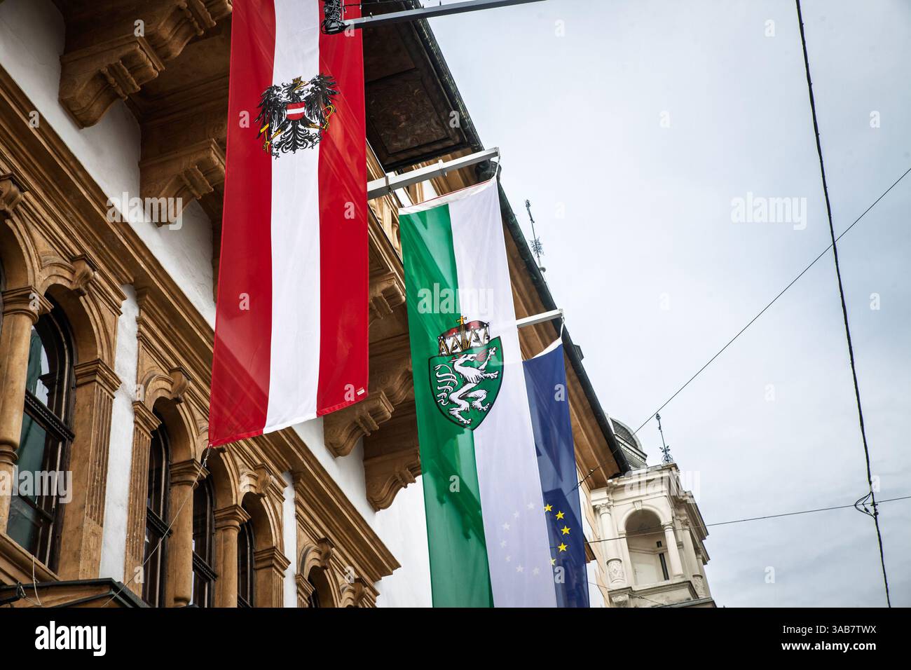 Flags of Austria and flag of Styria (Steiermark), displayed on a ...