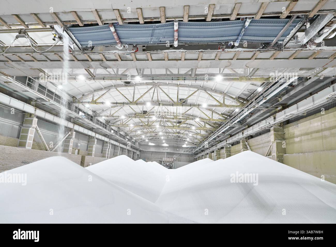 Industrial chemical plant warehouse with conveyor transporting ...